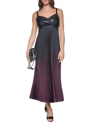 Dkny Sleeveless Faux Leather Bodice Pleated Ombré Dress - Cabernt/bl