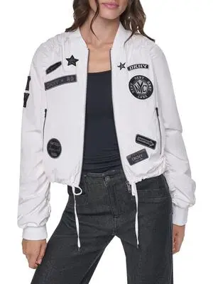 Dkny Cropped Bomber Jacket With Ruched Sleeves And Embroidered Patches - Ivory