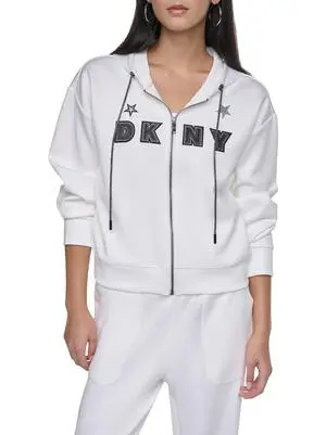 Dkny Crystal Logo Appliqué Zip-up Hoodie - Ivory
