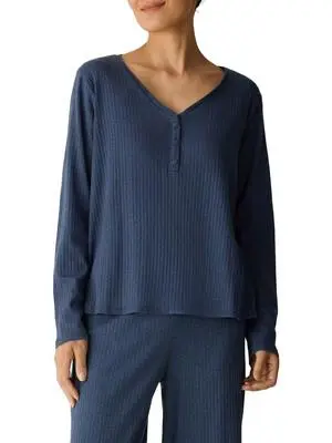 Eileen Fisher Organic Cotton Ribbed Henley Long Sleeve Top - Blueberry