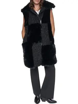 Dkny Patchwork Faux Fur Long Vest With Hood - Black