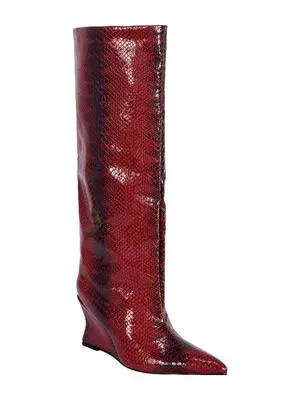 AZALEA WANG Faux Snakeskin Knee-high Wedge Boots - Red Multi
