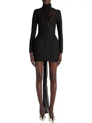 Alexander McQueen Long Sleeve Stretch Wool & Mohair Tweed Evening Mini Dress - Black