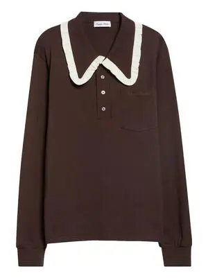 TANNER FLETCHER Long Sleeve Cotton Top With Ruffle Collar - Brown