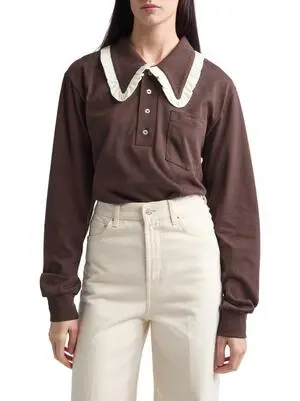 TANNER FLETCHER Long Sleeve Cotton Top With Ruffle Collar - Brown