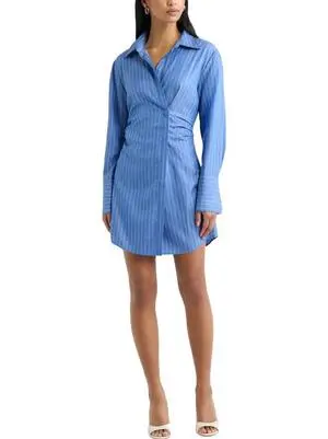OPEN EDIT Asymmetrical Cinched Waist Shirt Dress - Blue White Jodi Stripe