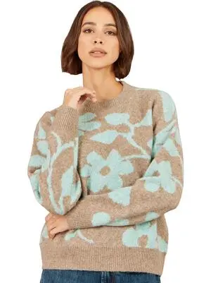 YUMI Floral Intarsia Relaxed Fit Jumper - Brown