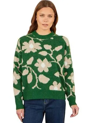 YUMI Floral Intarsia Relaxed Fit Jumper - Green