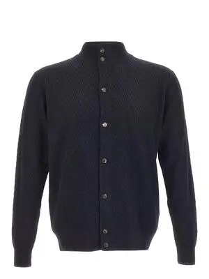 FILIPPO DE LAURENTIIS Geometric Pattern High-neck Merino Wool Cardigan - Blue