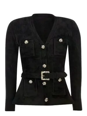 SELF-PORTRAIT Belted Chenille-knit Cardigan - Black