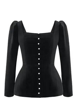 POST MERIDIEM Velvet Square Neck Top With Peplum And Buttons - Black