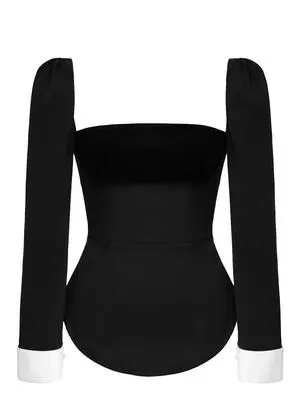 POST MERIDIEM Long Sleeve Velvet Detail Top - Black