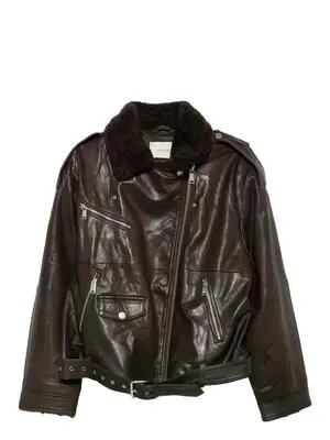 GESTUZ Belted Shearling Collar Leather Jacket - Brown