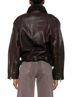 GESTUZ Belted Shearling Collar Leather Jacket - Brown