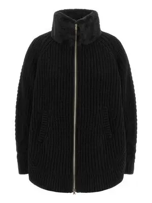 Herno Wool Cardigan With Fur Insert And Braided Sleeves - Black