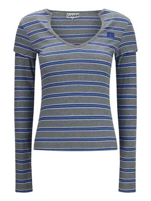 GANNI GANNI Ribbed V-Neck Long Sleeve T-Shirt Grey