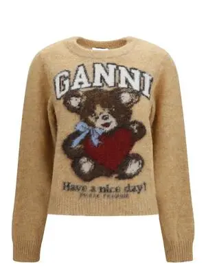 GANNI GANNI Alpaca Wool Blend Graphic Crewneck Sweater Beige