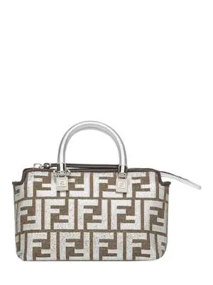 Fendi Small Boston Bag In Laminated Jacquard Ff Fabric - White