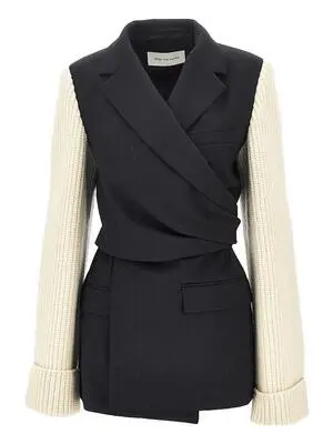 Dries Van Noten Wool Blazer With Knitted Sleeves - Black
