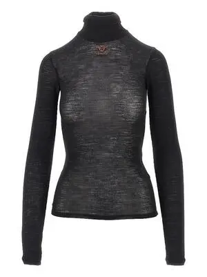 VERSACE Ribbed Wool Turtleneck Top With Medusa Embroidery