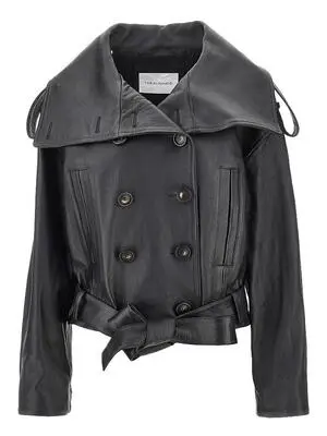 7 For All Mankind Leather Double-breasted Jacket With Self-tie Belt - Black