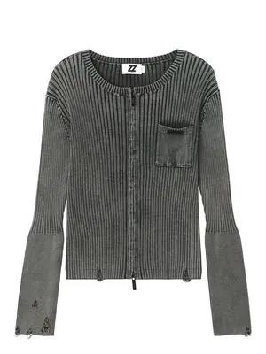 Izzue Ribbed Knit Distressed Zip-up Cardigan - Grey