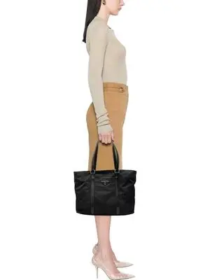 Prada Saffiano Trimmed Tessuto Tote Bag - Black