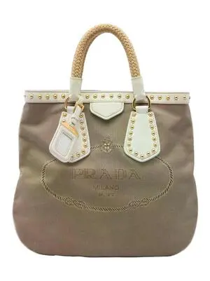 Prada Prada Studded Canvas Canapa Logo Satchel Brown