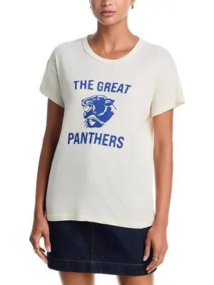 The Great. Boxy Cotton Crewneck Graphic Tee With Panther Print - Washed White