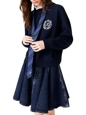 Maje Embroidered Sweatshirt With Ruffle Trim And Removable Collar - Navy