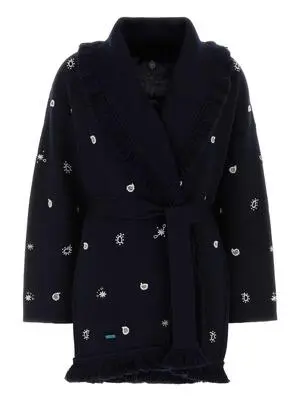 Alanui Oversize Wool Cardigan With Fringed Shawl Collar And Belted Waist - Blue