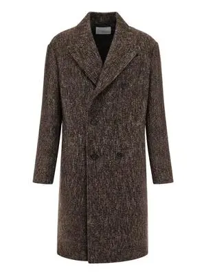 PAOLO PECORA Double-breasted Long Overcoat - Fantasia Base Cammello
