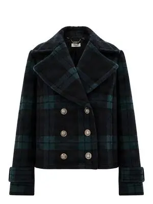 Liu Jo Plaid Double-breasted Pea Coat With Metallic Button Detail - Blue Tartan