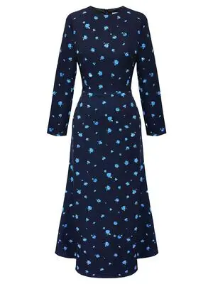 POST MERIDIEM Long Sleeve Floral Godet Silhouette Midi Dress - Blue