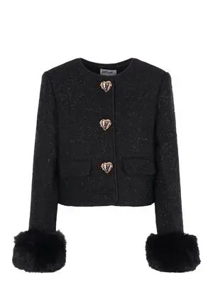 SELF-PORTRAIT SELF-PORTRAIT Embellished Tweed Crop Jacket With Faux Fur Cuffs
