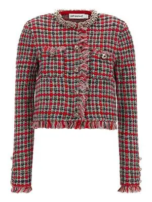 SELF-PORTRAIT Fringed Tweed Cropped Jacket - Red