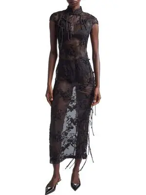 KIM SHUI Floral Embroidered Silk Organza Qipao Dress - Black