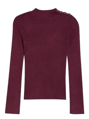 NOBODY'S CHILD Button Detail Ribbed Mock Neck Long Sleeve Top - Red