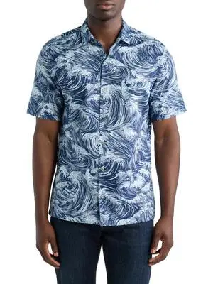 Tori Richard Gnarly Wave Print Camp Shirt - Navy