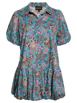 SUGARLIPS Printed Puff Sleeve Shirtdress - Teal Multi