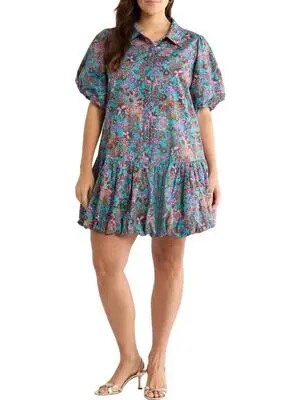 SUGARLIPS Printed Puff Sleeve Shirtdress - Teal Multi