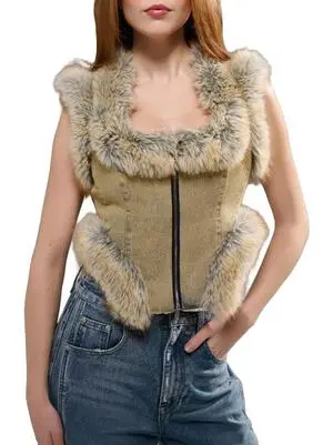 AZALEA WANG Zoraya Vest With Faux Fur Trim - Denim