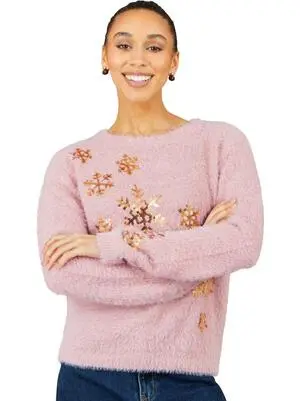 YUMI Sequin Snowflake Fluffy Jumper - Blush