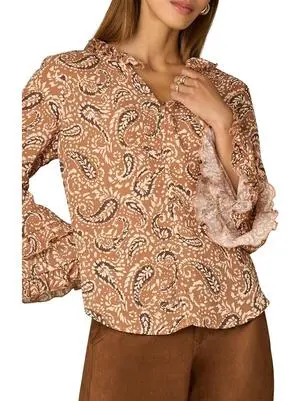 Wit & Wisdom Ruffle Print Long Sleeve Blouse - Pecan Multi