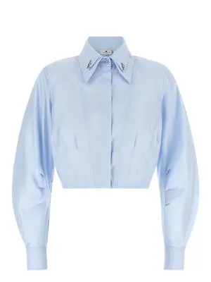 Elisabetta Franchi Cropped Cotton Poplin Shirt With Gold-tone Metal Plaque - Light Blue