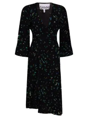 GANNI Floral Print Long Sleeve Wrap Dress - Black