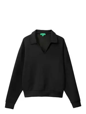 BENETTON V-neck Long Sleeve Polo Shirt - Black