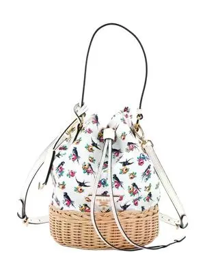 Prada Small Printed Canvas And Wicker Bucket Bag - Neutrals