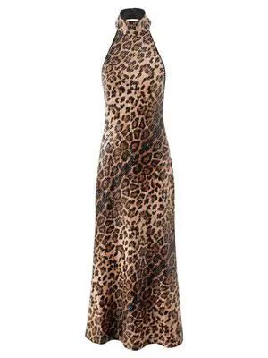 AISL Leopard Sequin Halter Maxi Dress - Brown