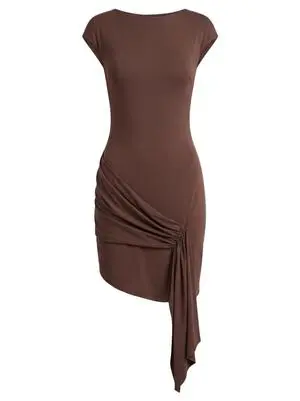 AISL Ruched Drape Cascade Mini Dress - Brown